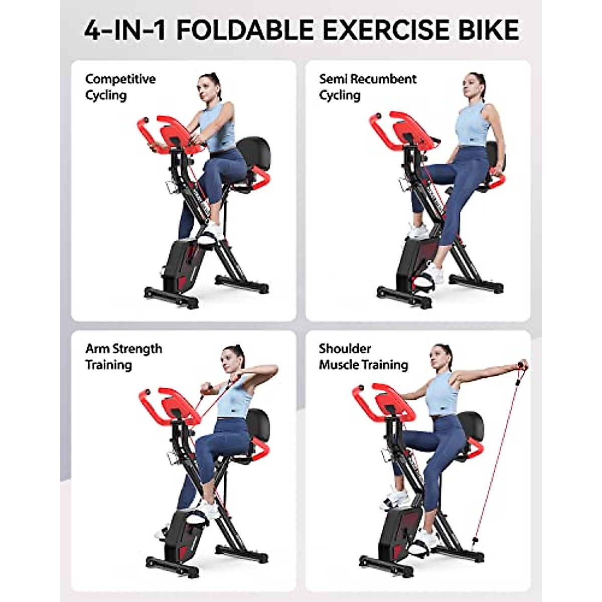 pooboo Folding Exercise Bike, Foldable Fitness Stationary Bike Machine, Upright Indoor Cycling Bike, 4-in-1 Magnetic X-Bike with 8-Level Adjustable Resistance, Bottle Holder, Arm Resistance Bands, Pulse Sensor & Back Support Cushion for Home Gym Workout (