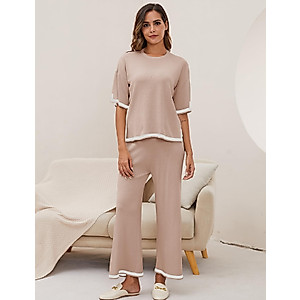 Wyeysyt Women Lounge Sets 2 Piece Sweater Knit Short Sleeve Pullover Tops Wide Leg Pants Elastic Waist Sweatsuits(Khaki-M)