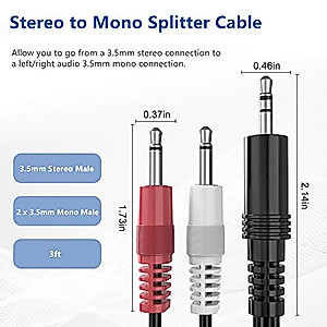 3.5mm Stereo Male to Dual 3.5mm Mono Male Audio Cable, 3ft 3.5mm 1/8" TRS Male to 2 x 3.5mm 1/8" TS Male Y Breakout Cable Splitter Adapter Connector for Headphone, Speaker