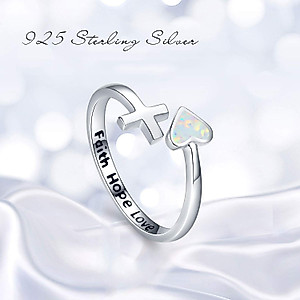 JUSTKIDSTOY S925 Sterling Silver Love Heart Ring Engraved Faith Hope Love Blue/White Open Adjustable Opal Wrap Rings Inspirational Jewelry for Women (White Opal-6)