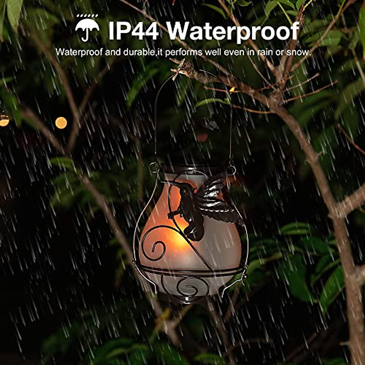 Atmosphere Making Outdoor Solar Hanging Lanterns Waterproof Metal Outside Decor Light Dynamic Simulation Flame Lamp for Lawn Patio Garden Yard Pathway with Hummingbird