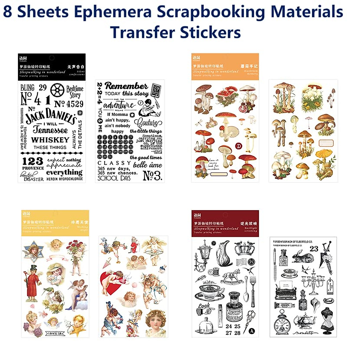 Vintage Rub On Transfers Stickers for Crafts,Diuhofart 8 Sheets Ephemera Scrapbooking Materials Transfer Stickers,Angles,Retro Objects,Mushrooms,Quote Number Decals for Paper,Fabric,Junk Journals