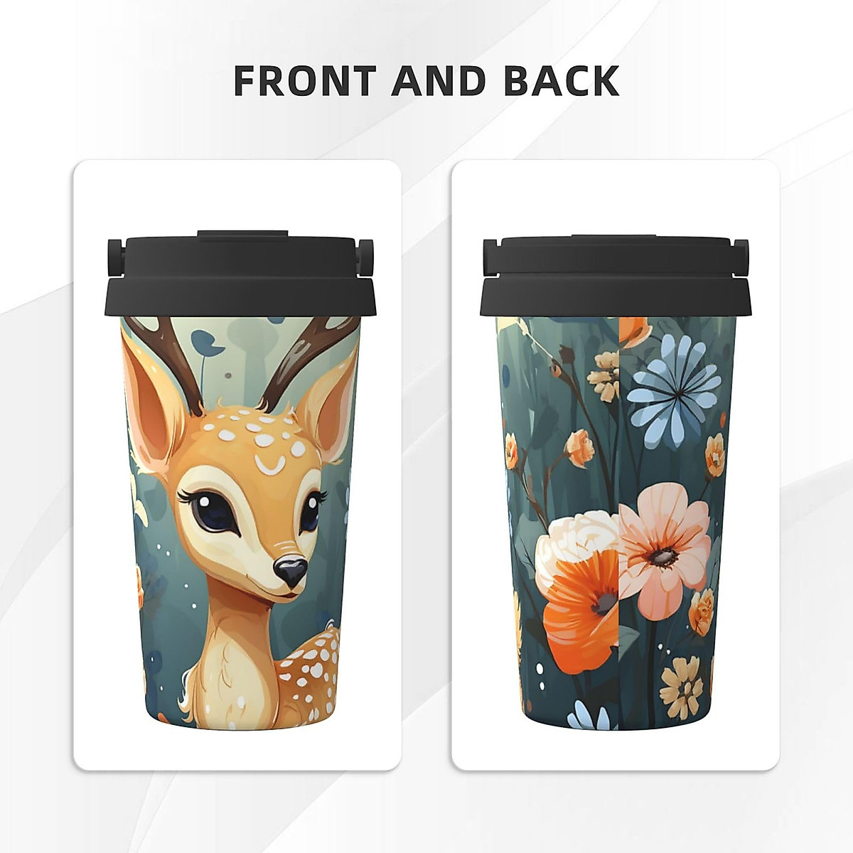 GTKSYNVE Reusable Coffee Mug with Lid and Handle, Cartoon Deer Flower Tumbler for Hot & Cold Drinks 16oz Stainless Steel Insulated Coffee Tumblers Double Wall Vacuum Thermal Cup