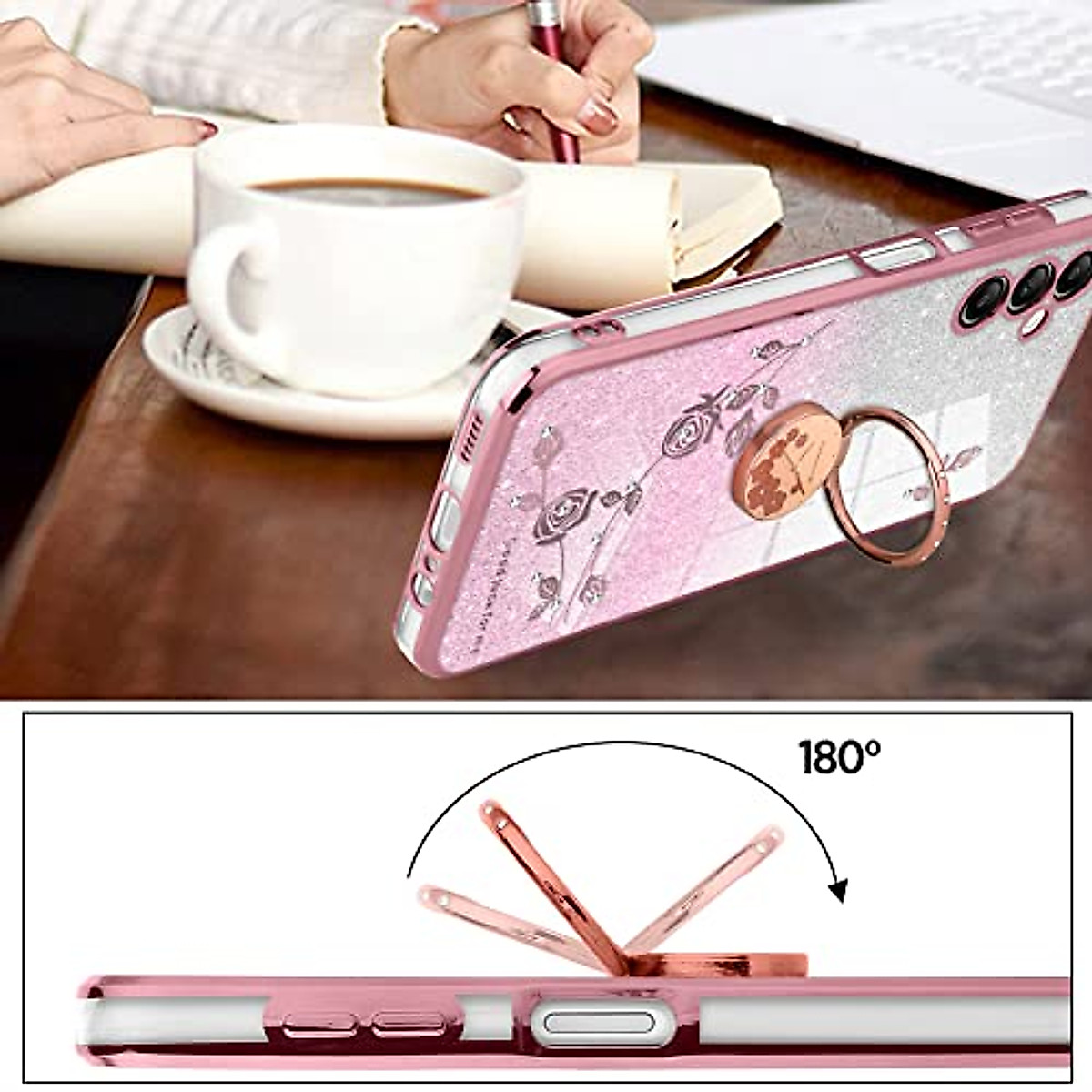 Bonoma Case for Samsung Galaxy A14 with 360°Rotatable Ring Holder Kickstand, Cute Luxury Saprkle Glitter Pretty Pink Flowers Floral Shiny Bling Sparkle Cover Shell for Women Girls