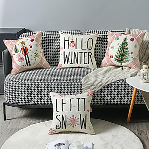 wyooxoo Christmas Pillow Covers 20x20 Set of 4 Christmas Tree Pink Throw Pillow Covers Cushion Cases Winter Decorative Farmhouse Pillowcases for Sofa Couch Living Room Home Decor (20" x 20", Pink)