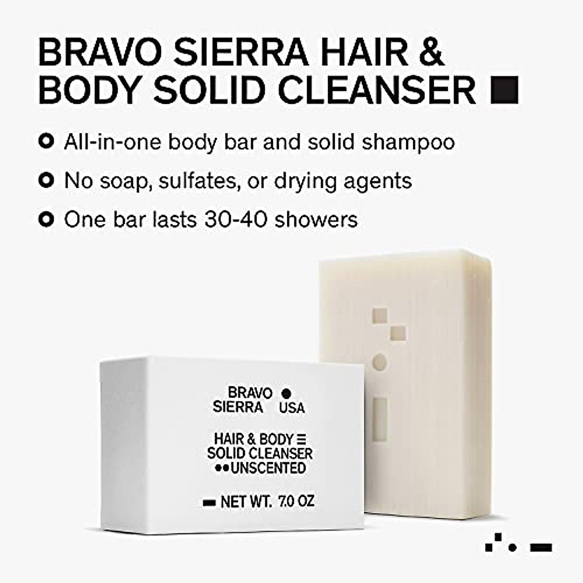 Bravo Sierra Body and Hair Mens Soap Bar All-In-One Shampoo & Soap for Men's Face, Hair & Body - Fragrance Free, 7 oz - Coconut, Shea Butter and Oat Flour for Soft Skin and Healthy Hair