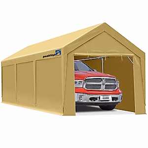 PEAKTOP OUTDOOR 10x20 ft Heavy Duty Carport, Portable Car Canopy, Garage Tent, Boat Shelter with Reinforced Triangular Beams and Ground Bar, Removable Sidewall & Zipper Doors, Beige