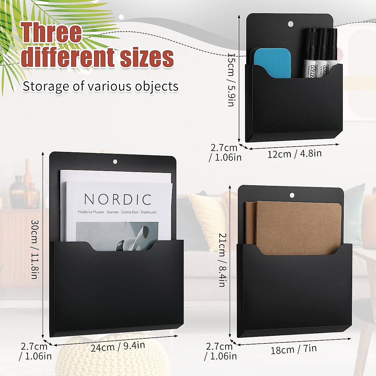 Patelai 3 Pcs Magnetic Wall File Holder Refrigerator Magnetic Locker Mail Organizer Wall Mount for File Cabinets Paper Magazine Pockets Storage Office(Multi Size,Black)