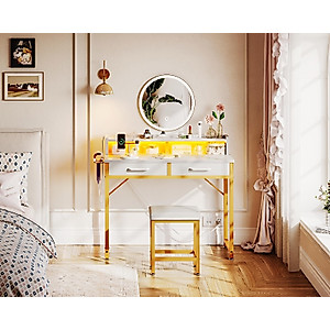 AODK Vanity Desk with Vanity Chair, Makeup Vanity with LED Lights, White Small Vanity Desk Without Mirror, 32 Inch Makeup Table for Small Space with 2 Fabric Drawers, Desk Make Up Vanity for Girls