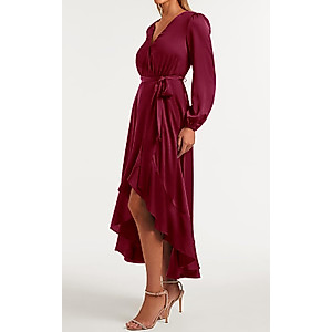PRETTYGARDEN Women's Satin Fall Dress Semi Formal Satin Long Sleeve Wrap V Neck Ruffle Belted A-Line Flowy Maxi Dresses (Wine Red,Small)