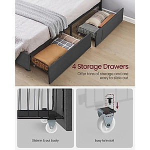 VASAGLE LED Bed Frame Twin Size with Headboard and 4 Drawers, 1 USB Port and 1 Type C Port, Adjustable Upholstered Headboard, No Box Spring Needed, Dark Grey URMB823G71