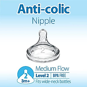 Dr. Brown's Natural Flow Level 2 Wide-Neck Baby Bottle Silicone Nipple, Medium Flow, 3m+, 100% Silicone Bottle Nipple, count 6 (Pack of 1)