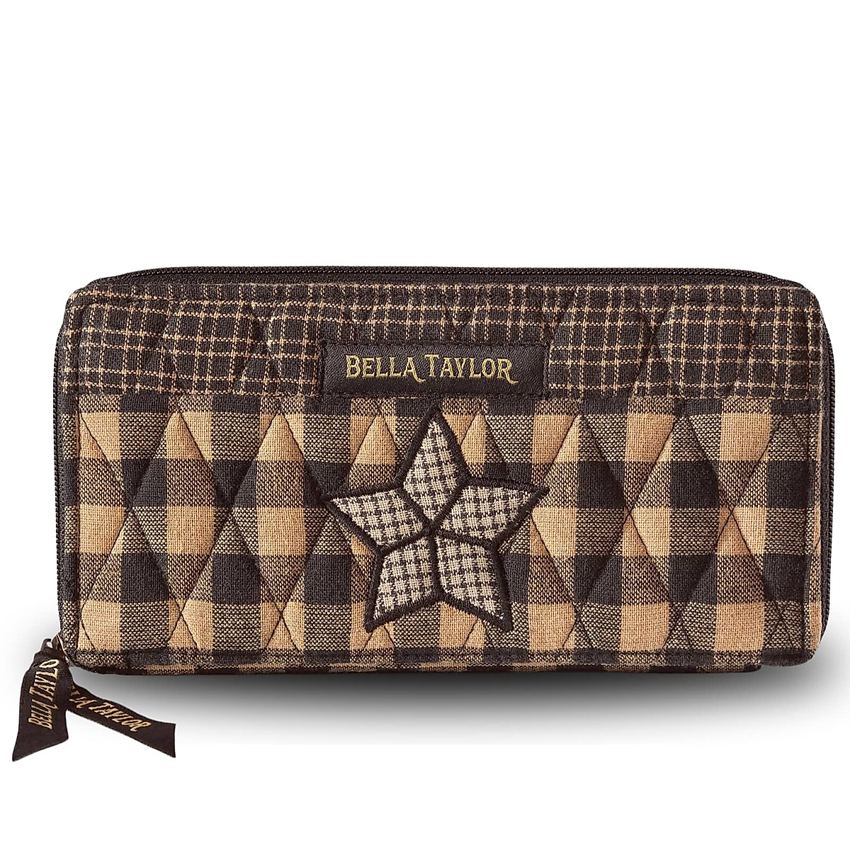 Bella Taylor Slim Card Wallet for Women | Multi Card Zip Around Wallet with RFID Protection | Quilted Cotton Farmhouse Star Black and Tan Cotton Check