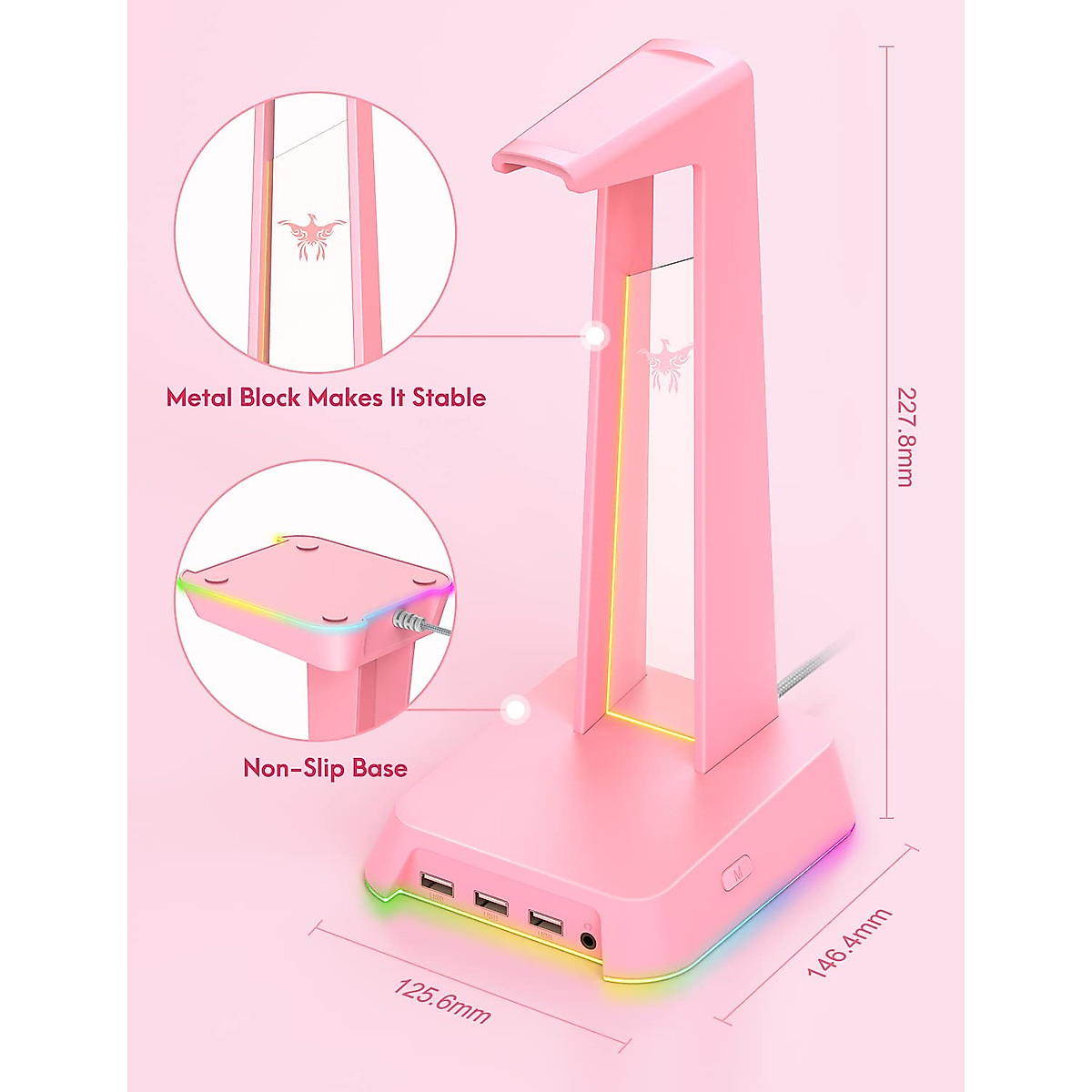 SOSISU RGB Headphones Stand with 3.5mm AUX and 3 USB 2.0 Ports, Gaming Headset Holder Hanger with Non-Slip Rubber Base for SOSISU Gaming Headset(Not Included), PC, Desktop (Pink)