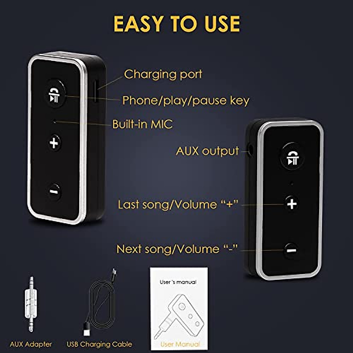 Wireless Bluetooth Aux Car Adapter - Portable Mini Bluetooth Lossless Music Receiver Transmitter with Microphone and Hands-Free Call for Home Stereo | Car Audio | Headset | TV, Fast Charging