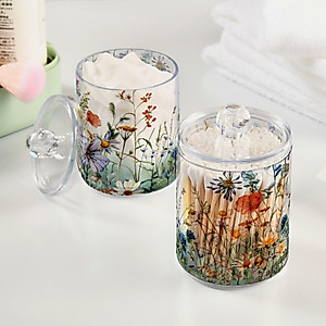 senya Clear Plastic Jars Cotton Swabs Cans, Wildflowers Butterflies Botanical Bathroom Canisters Storage Organizer with Lids 2PCs Set for Cotton Ball, Cotton Swab, flossers, Hair Bands