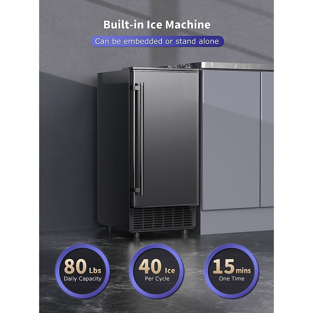 ADT Under Counter Ice Maker 80lbs/ 24H daily Built-in Ice Machine with Drain Pump,24H Timer Self-Cleaning Freestanding Ice Cube Machine for Commercial and Home Use