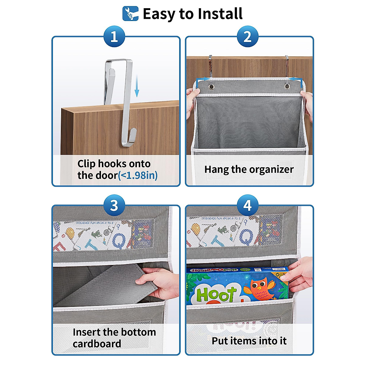 JARLINK Over The Door Organizer Storage, 5 Shelf Hanging Door Organizer with 5 Large Capacity Pockets, Anti Tilt 44 lb Load Behind Door Organizer for Bedroom, Bathroom, Pantry, Nursery, (Grey)