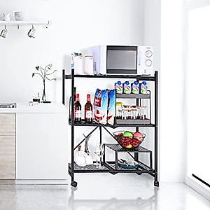 RokiaTek 3-Shelf Foldable Storage Shelves with Wheels, Large Capacity Metal Standing Shelving Unit, No Assembly Heavy Duty Organizer Rack for Kitchen, Garage, Basement, Pantry, Matte Black