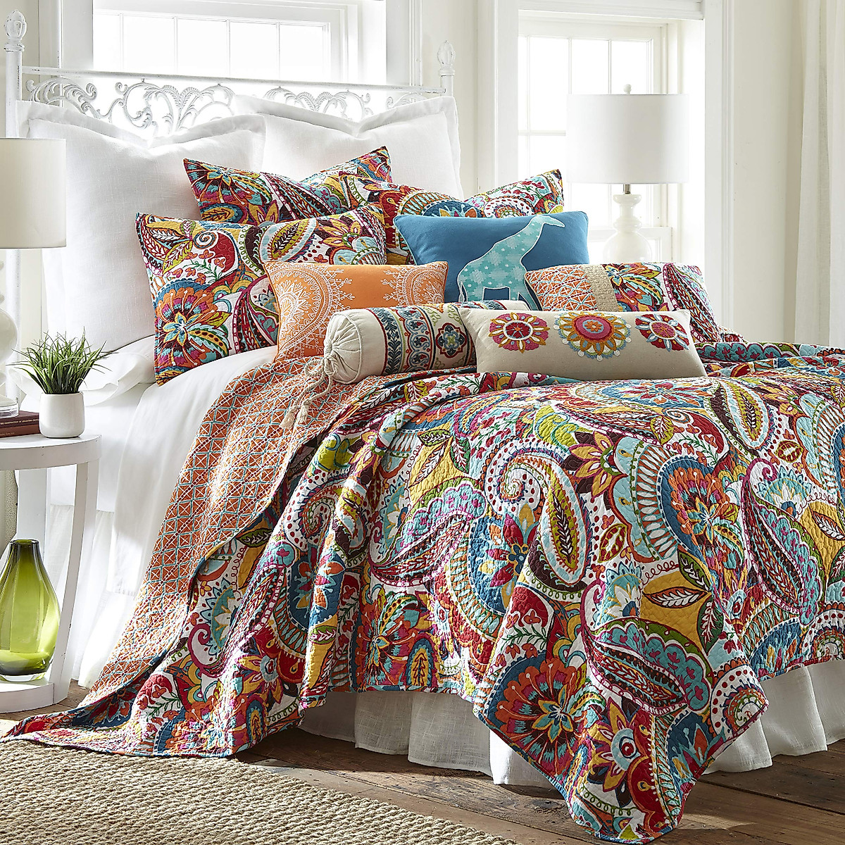 Levtex Home Rhapsody Quilt Set - King Quilt + Two King Pillow Shams - Paisley in Yellow Orange Red Green Blues - Quilt Size (106 x 92in.) and Pillow Sham Size (36 x 20in.)- Reversible Pattern - Cotton