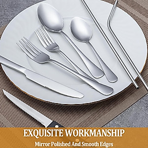 56 Pcs Silverware Set with Steak Knives and Metal Straw for 8,Stainless Steel Flatware Set, Mirror Polished Cutlery Utensil Set, Home Kitchen Eating Tableware Set,Fork Knife Spoon Set,Dishwasher Safe