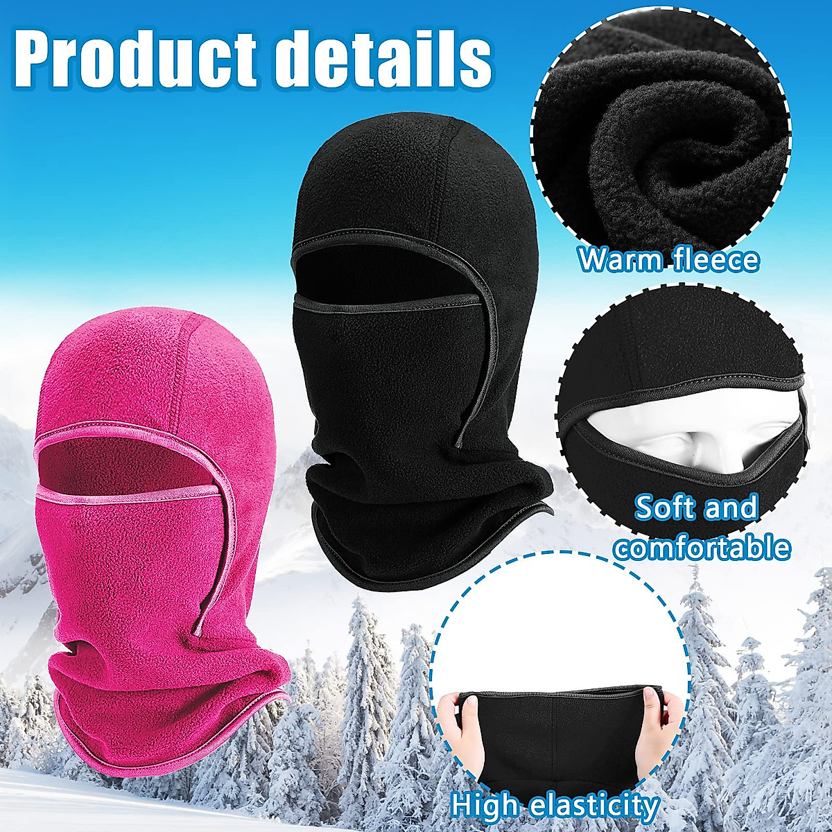 4 Pcs Kids Balaclava Ski Mask and Fleece Gloves Set Winter Hat Face Mask Warm Full Finger Glove for Boys Girls 8-12 Years Old (Black, Rose Red)