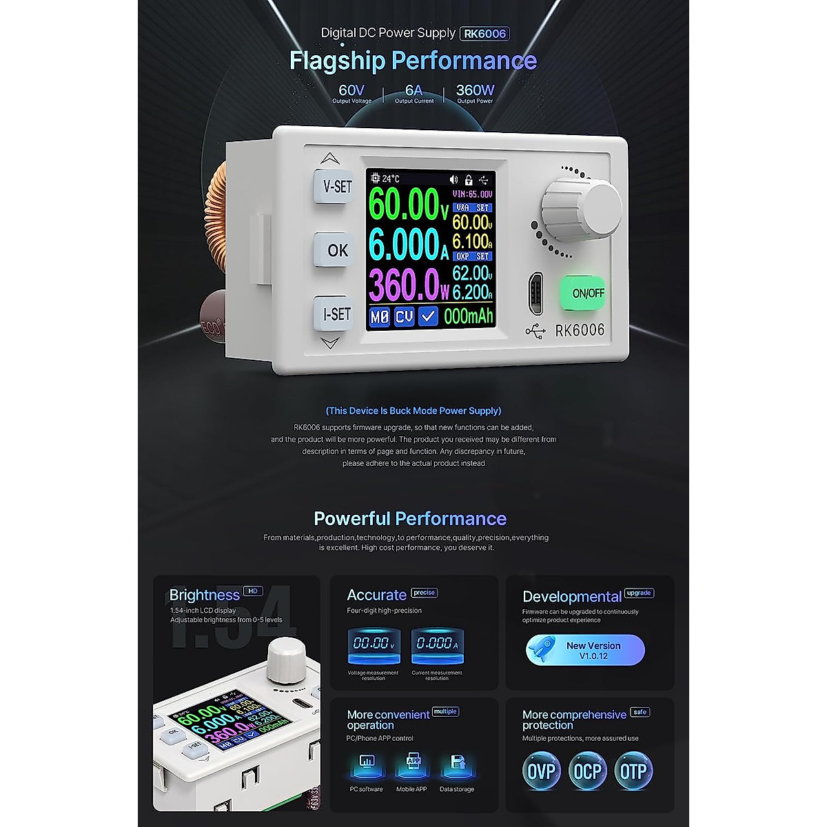 RK6006 60V 6A Adjustable DC-DC Buck Converter | 4-Digit Display | Bench Power Supply for Communication & Voltage Regulation