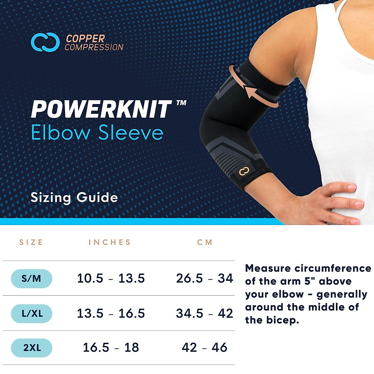 Copper Compression PowerKnit Elbow Sleeve - Seamless Elbow Brace for Men & Women - Pain Relief for Tendonitis, Tennis Elbow, Golfers, Weight Lifting - Fits Right or Left - 1 Sleeve - L/XL