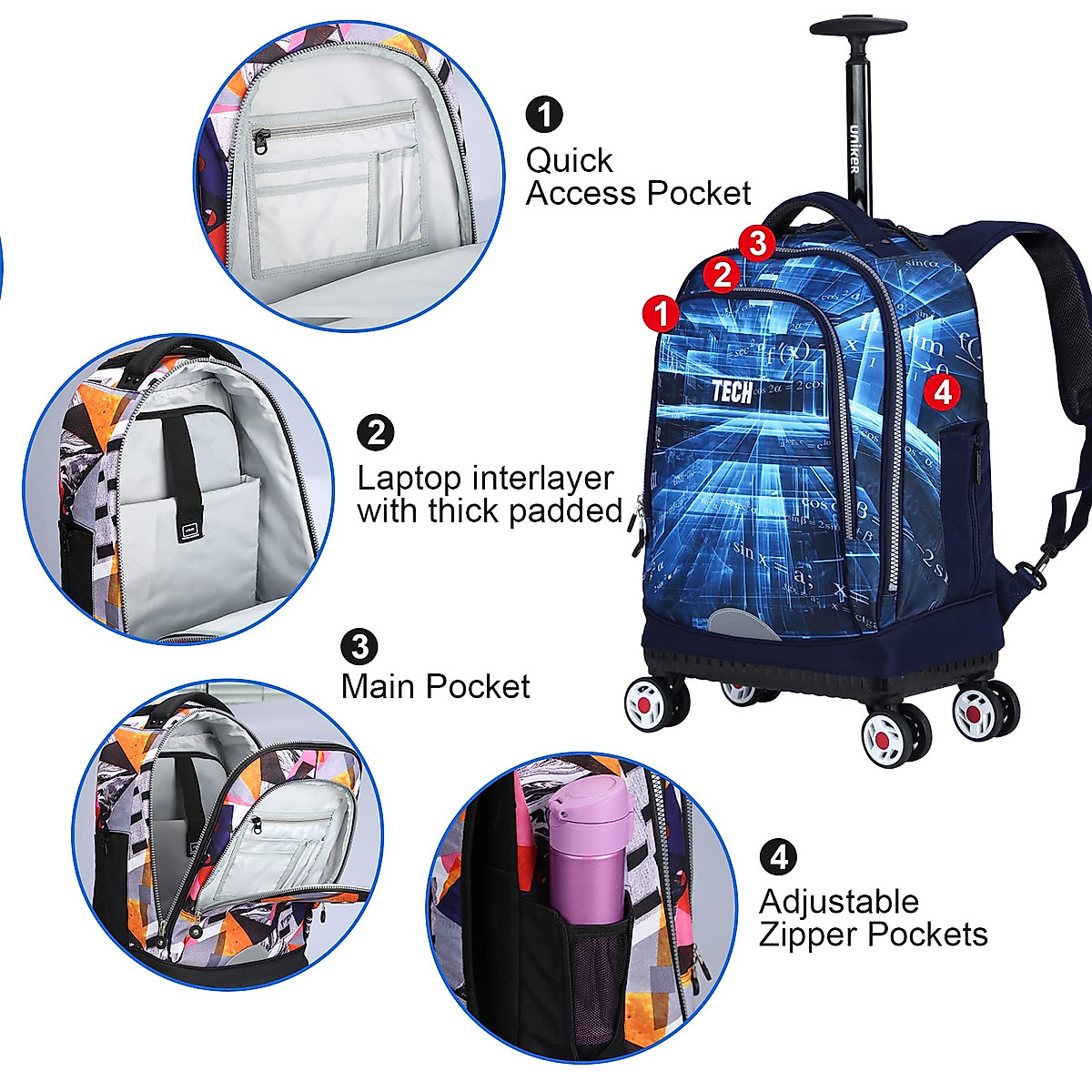 UNIKER Rolling Laptop Backpack, Softside Luggage with Spinner Wheels for Travel, Carry on Luggage Business Bag, College Student Computer Bookbag Trolley Suitcase for Men Women Blue