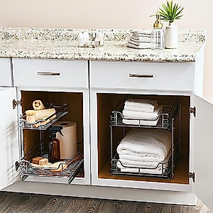 Household Essentials Glidez Slide Out Cabinet Organizer, 14.5” Wide, Durable Chrome-Plated Steel Frame, Dual Baskets and Smooth Glides, Heavy-Duty and Space-Optimizing, Simple Assembly and Installation, Chrome