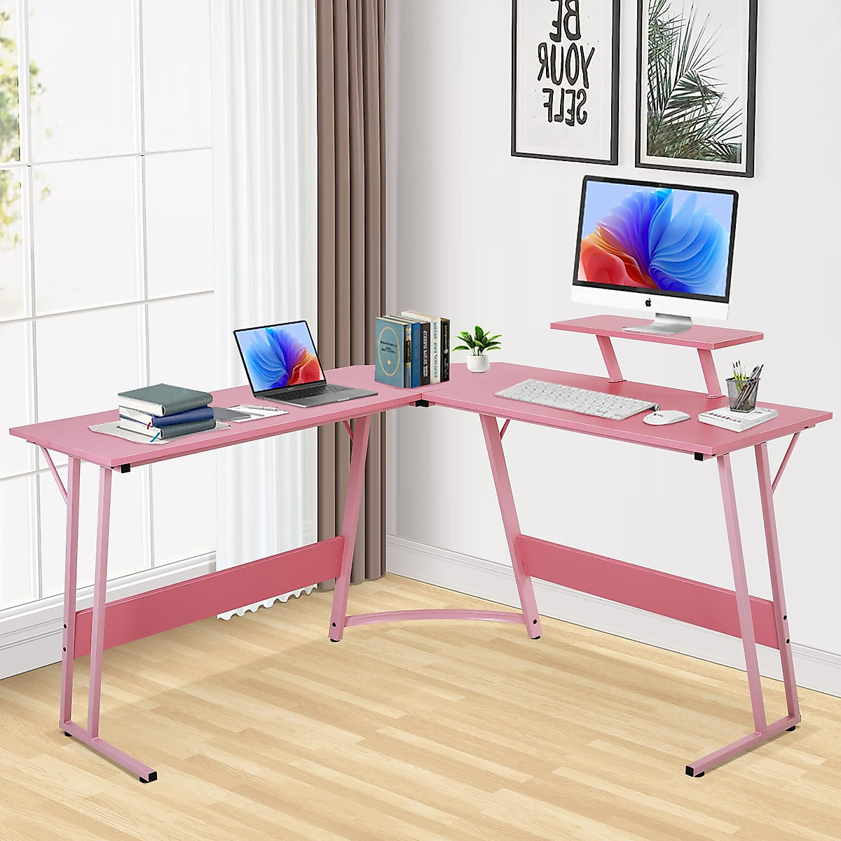 BLKMTY L Shaped Desk PC Gaming Desk Computer Desk with Monitor Stand Large Desktop Studying Executive Table Corner Desk Office Computer Table for Home Office Sturdy Writing Workstation, Pink