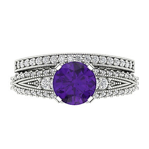 Clara Pucci 2.04ct Round cut Laser Engraving Pave Solitaire Natural Amethyst Engagement Anniversary Ring band set 14k White Gold Size 9