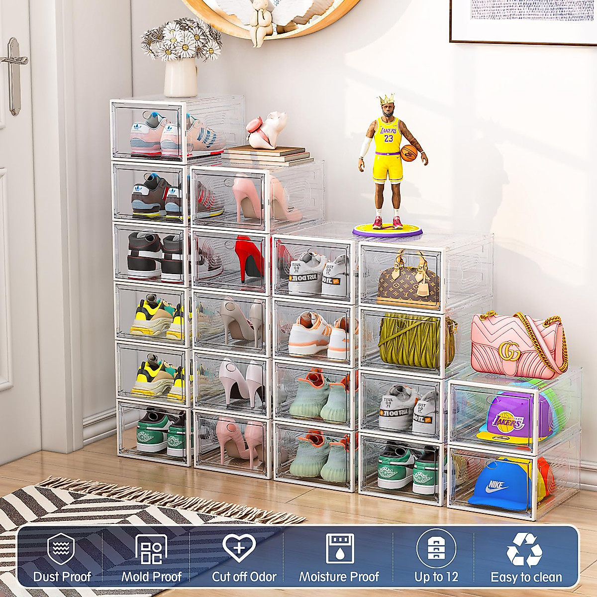 YFXCVSL 8 Pack Thicken Shoe Organizer - Upgrade Sturdy Shoe Boxes Stackable Shoe Storage Containers with Magnetic Door, Thicken Sneaker Storage Fit up to US Size 12,White