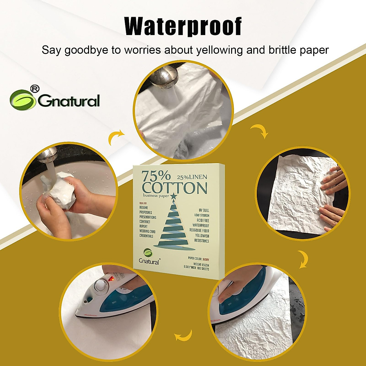 75% Cotton 25% Linen Paper, 85gsm Inkjet Printing Paper, 8.5"x11" Ivory Color Resume Paper,100 Sheets Won't Get Wet Cotton Paper