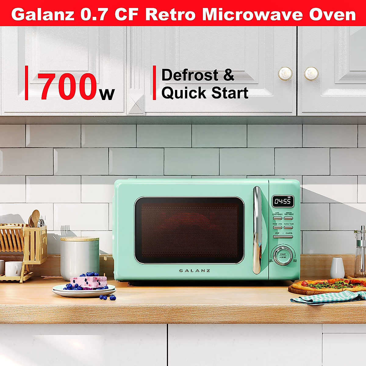 Galanz GLR25MGNR10 Retro Compact Refrigerator, Mini Fridge & GLCMKZ07GNR07 Retro Countertop Microwave Oven with Auto Cook & Reheat, Defrost, Quick Start Functions, Pull Handle.7 cu ft, Green