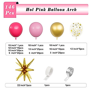 Aooxpok Hot Pink Balloon Garland Arch Kit,146Pcs Hot Pink Balloon Macaron Pink Balloon Gold Balloon for Graduation Baby Shower Birthday Wedding Gender Reveal Party Decorations