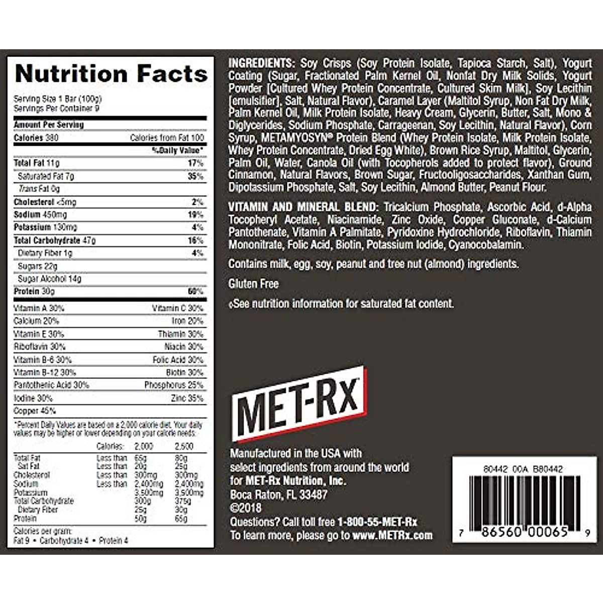 MET-Rx Big 100 Colossal Protein Bars, Vanilla Caramel Churro Meal Replacement Bars, Brown, 9 Count (Pack of 2)