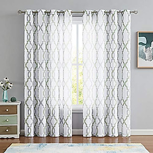 Geometric Semi Sheer Window Curtain Panel Pairs with Moroccan Grey and Green Trellis Print Canvas Fabric for Kids Room Grommet Top Long Window Drapes for Living Room Bedroom, 54×95 Inch, Grey/ Green