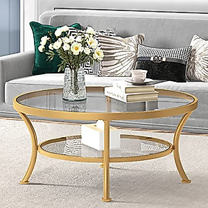 O&K FURNITURE Modern Round Coffee Table with Storage, 2-Tier Glass Top Coffee Table for Living Room, Gold