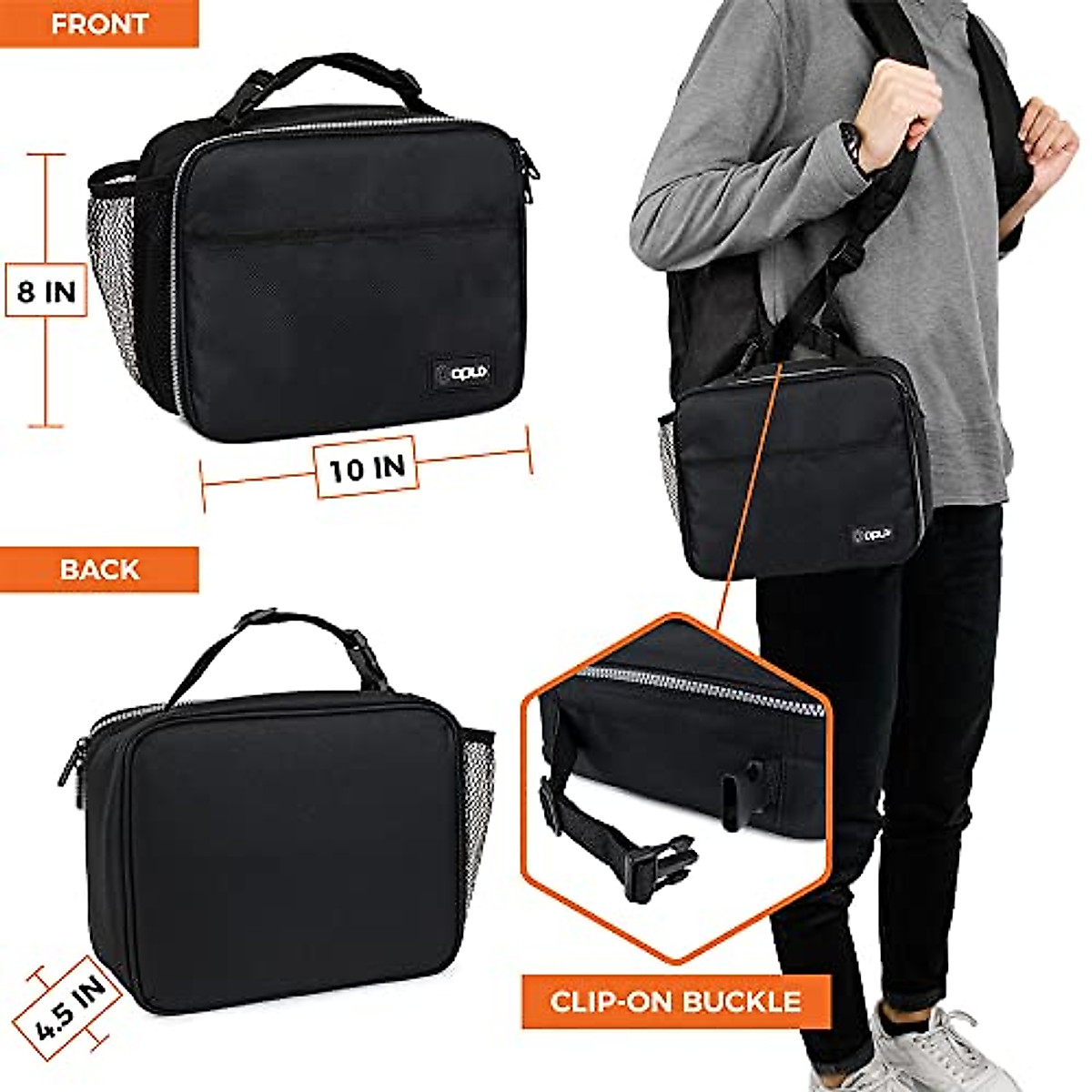 OPUX Insulated Lunch Bag, Soft Lunch Box for School Kids Boys Girls, Leakproof Small Lunch Pail for Adult Men Women, Reusable Compact Lunchbox Lunch Cooler Tote Bag for Office Work (Black)