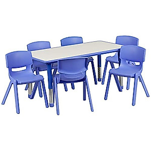 Flash Furniture 23.625''W x 47.25''L Rectangular Blue Plastic Height Adjustable Activity Table Set with 6 Chairs