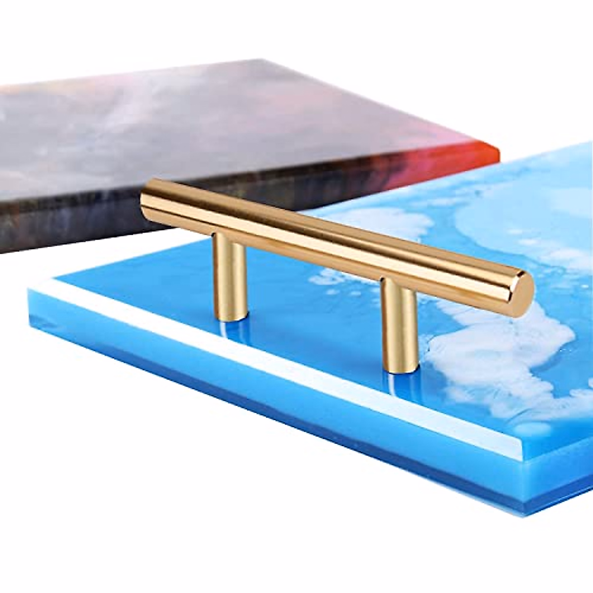 DSHE Silicone Mold Tray Geode 1pcs Agate Platter Molds and 2pcs Gold Handles, Epoxy Resin Casting Molds for Making Faux Agate Tray,Serving Board (molds with 2pcs handles)