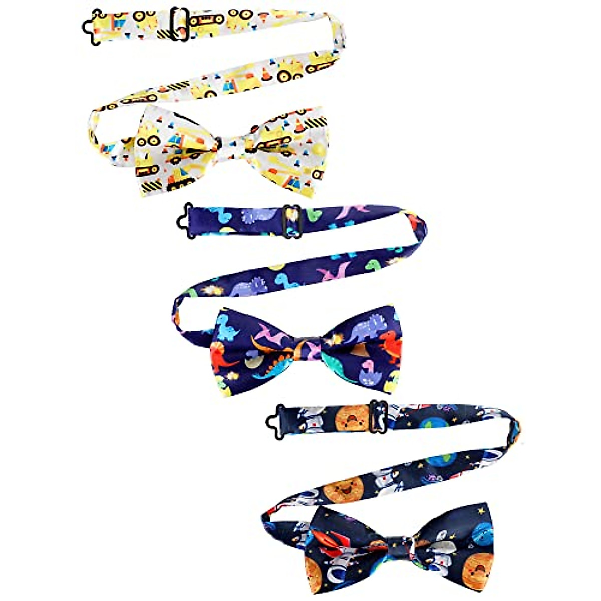 Newcotte 3 Pcs Boy's Bow Ties for Kids Toddler Child Cute Adjustable Costume Pre Tied Bowties for Kids Wedding Birthday Party(Truck, Dinosaur, Spacemen Pattern)