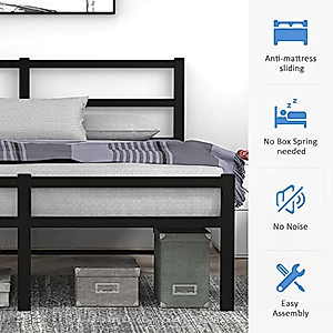 Mr IRONSTONE Queen Size Bed Frame with Headboard Platform Bed with Storage no Box Spring Needed Assembly Mattress Foundation，Black