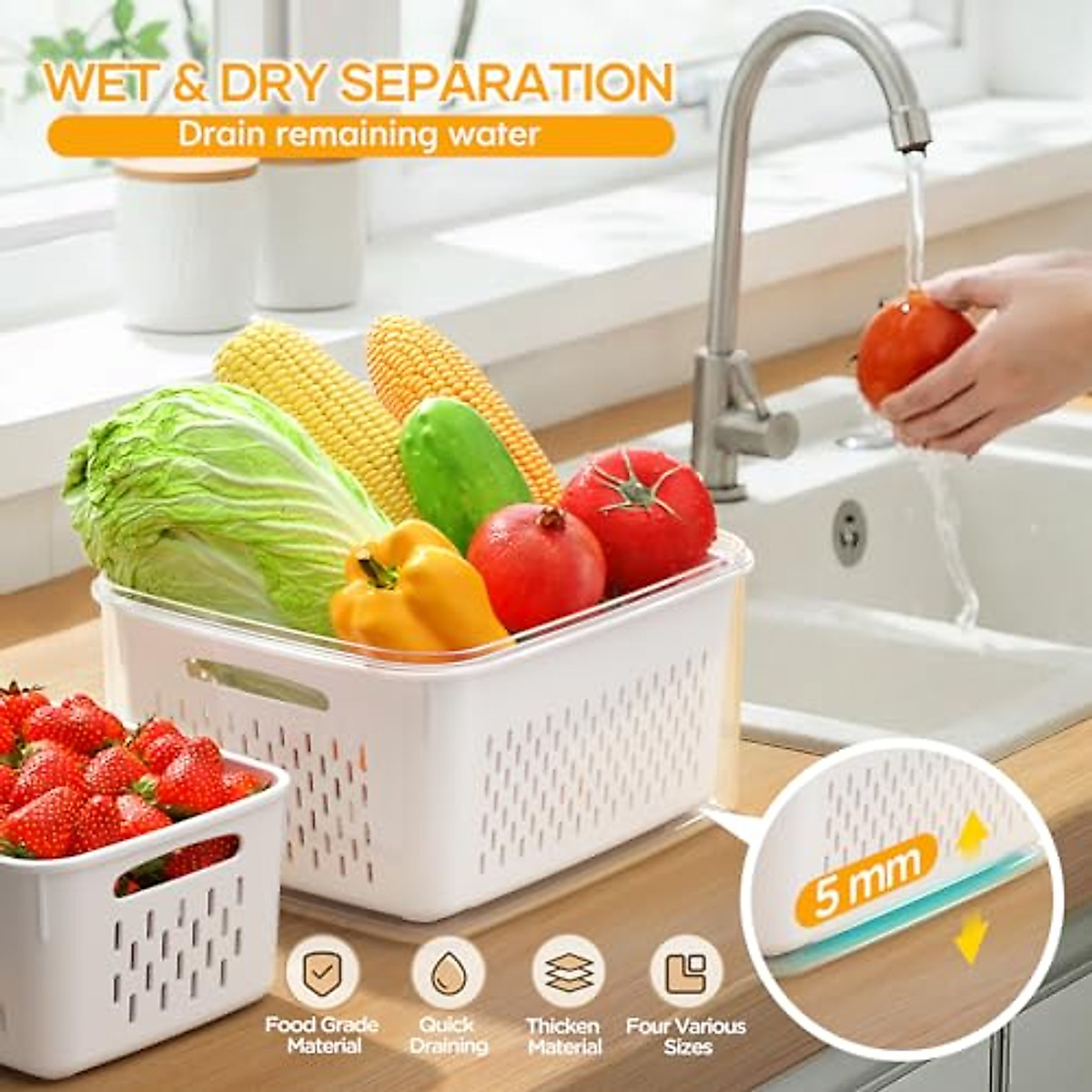 6 Pack Fruit Storage Containers for Fridge with Removable Colanders, BPA Free Food Storage Fridge Organizer, Dishwasher Safe Produce Containers Keep Fruits, Vegetables, Berry, Meat Fresh Longer