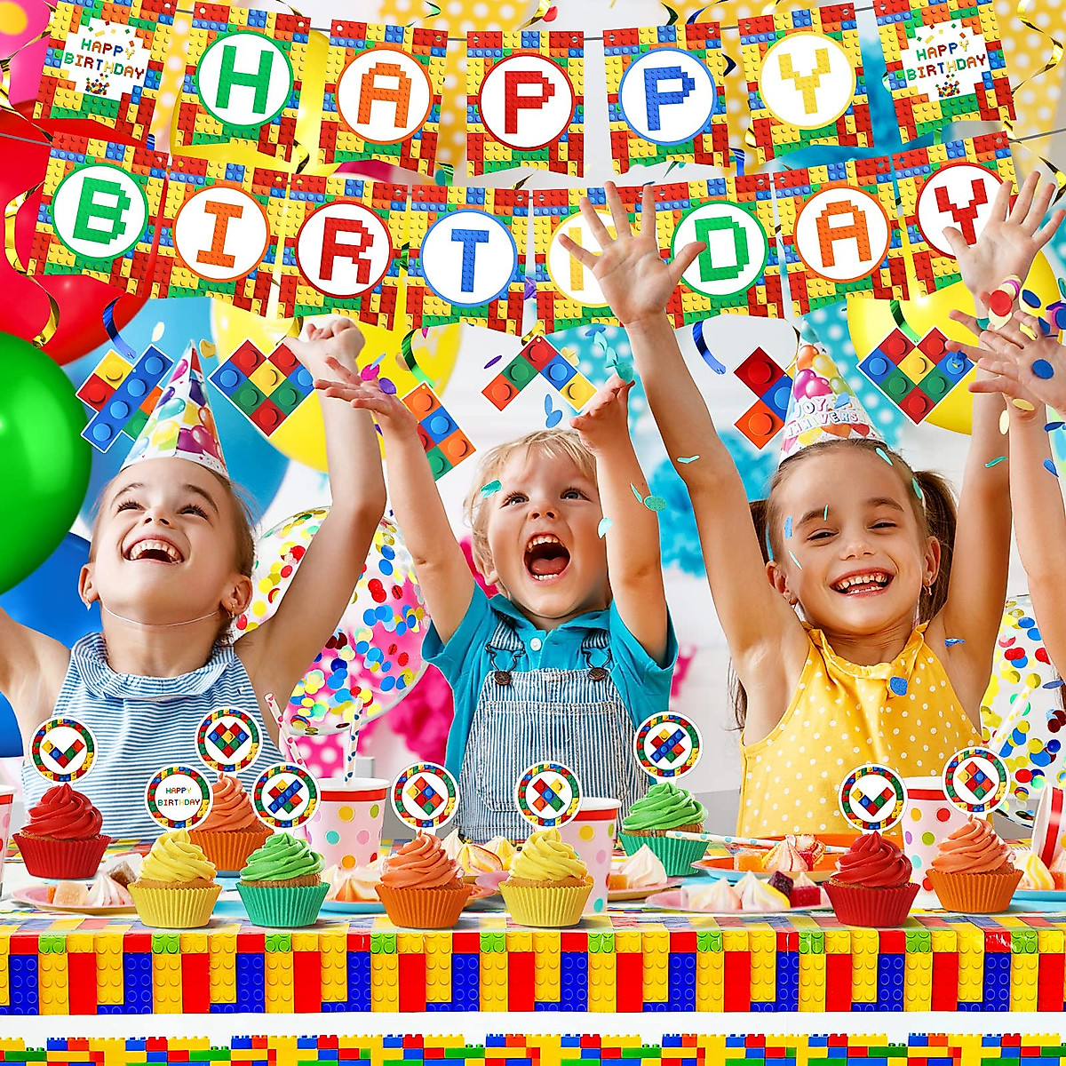 Spiareal 78 Pcs Building Block Birthday Party Supplies Birthday Party Decor Include Happy Birthday Banner, Building Block Swirls, Table Cover, Cake Toppers, Cupcake Toppers, Balloons for Kids Kids
