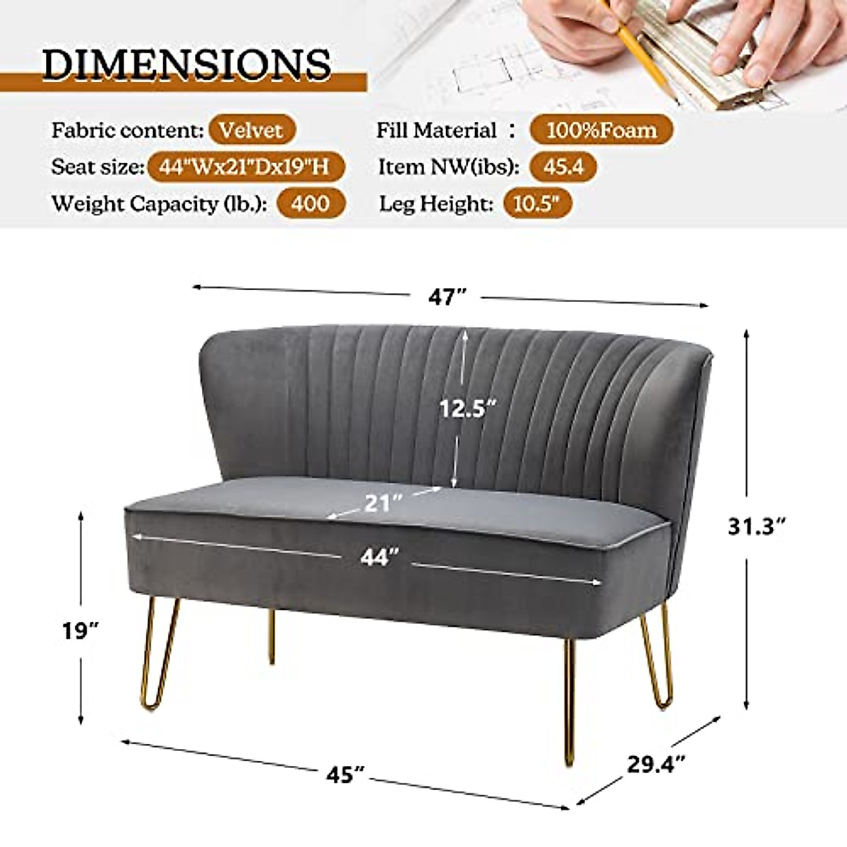 HULALA HOME 45-inch Small Velvet Upholstered Loveseat Sofa, Modern Loveseat Club Couch with Golden Metal Legs, Living Room Tufted Velvet 2 Seater Sofa for Apartment Small Spaces (Grey)