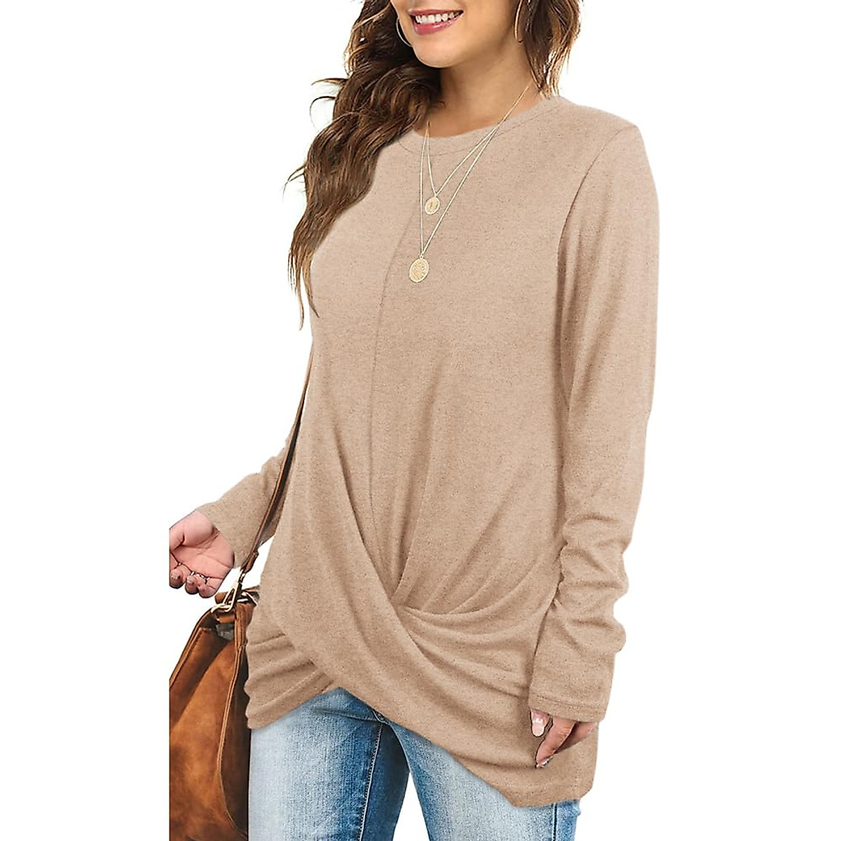 NIUBIA Blouses for Women Dressy Ladies Solid Color Long Sleeve Shirts Fashion Twist Knot Pullover Work Casual Blouses 2022 Khaki