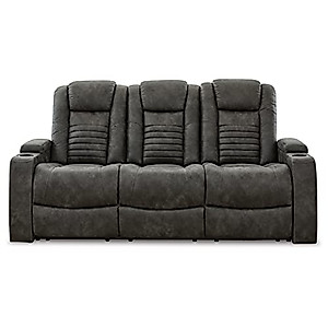 Signature Design by Ashley Soundcheck Contemporary Faux Leather Tufted Power Reclining Sofa with Adjustable Headrest, Gray