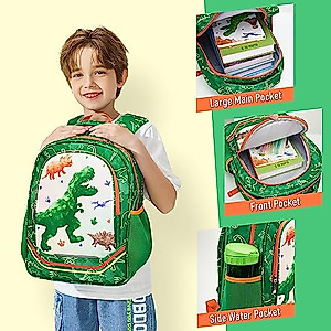 WAWSAM Dinosaur Backpack for Boys - 15” Green Boys School Backpack for Kids Preschool Kindergarten Elementary Schoolbag Book Shoulder Bags Hiking Travel Picnic Casual Backpack with Chest Strap
